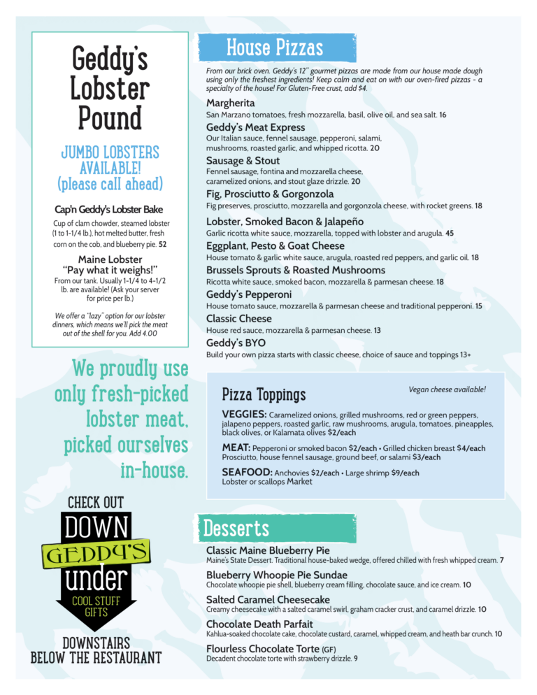 Geddy's Menu (PDF) | Lobster, Seafood, & Pizza in Bar Harbor